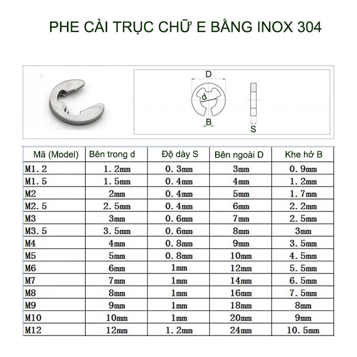 Bộ 10 phe gài trục chữ E bằng inox 304, có nhiều cỡ cho khách lựa chọn ...