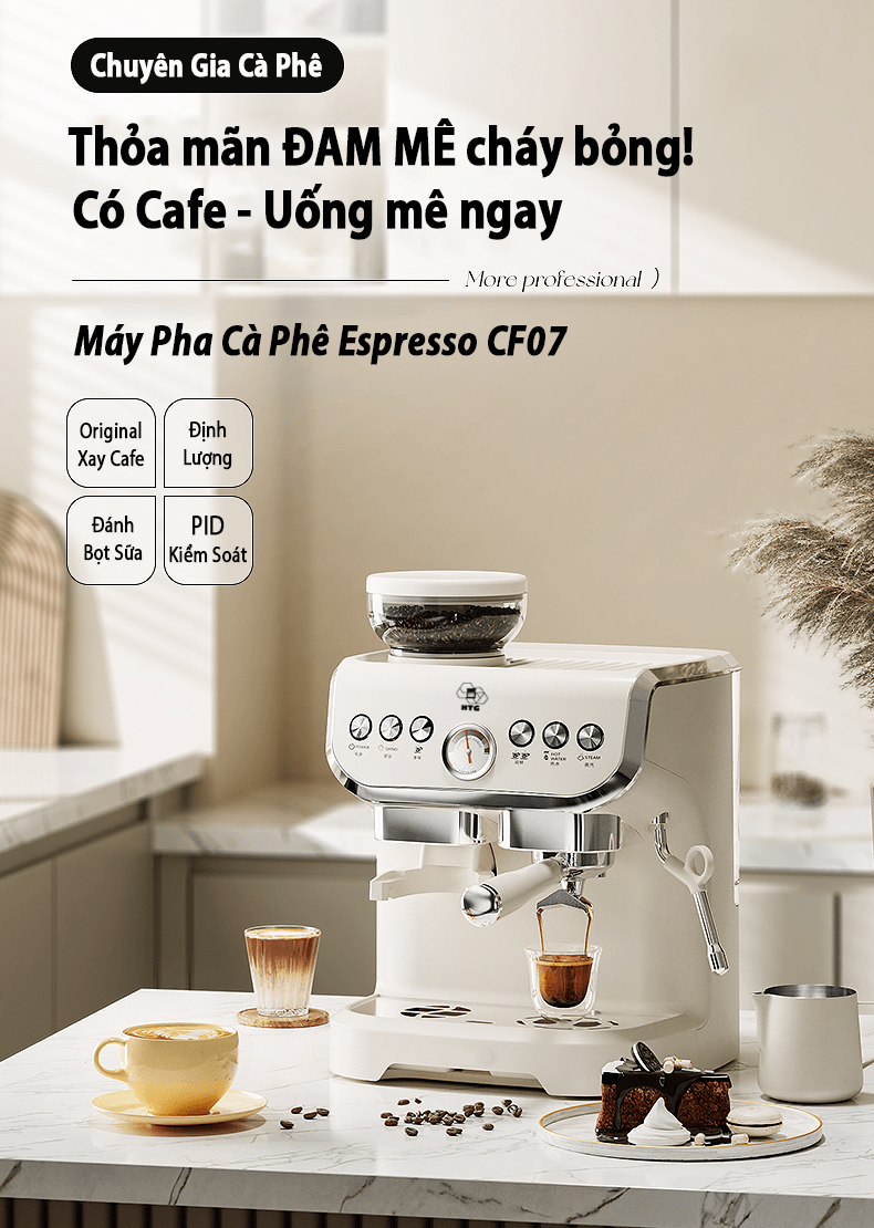 Máy pha cafe espresso CF07 tích hợp xay bột 15 mức độ, 3 trong 1, chế độ tự động, điều chỉnh ...