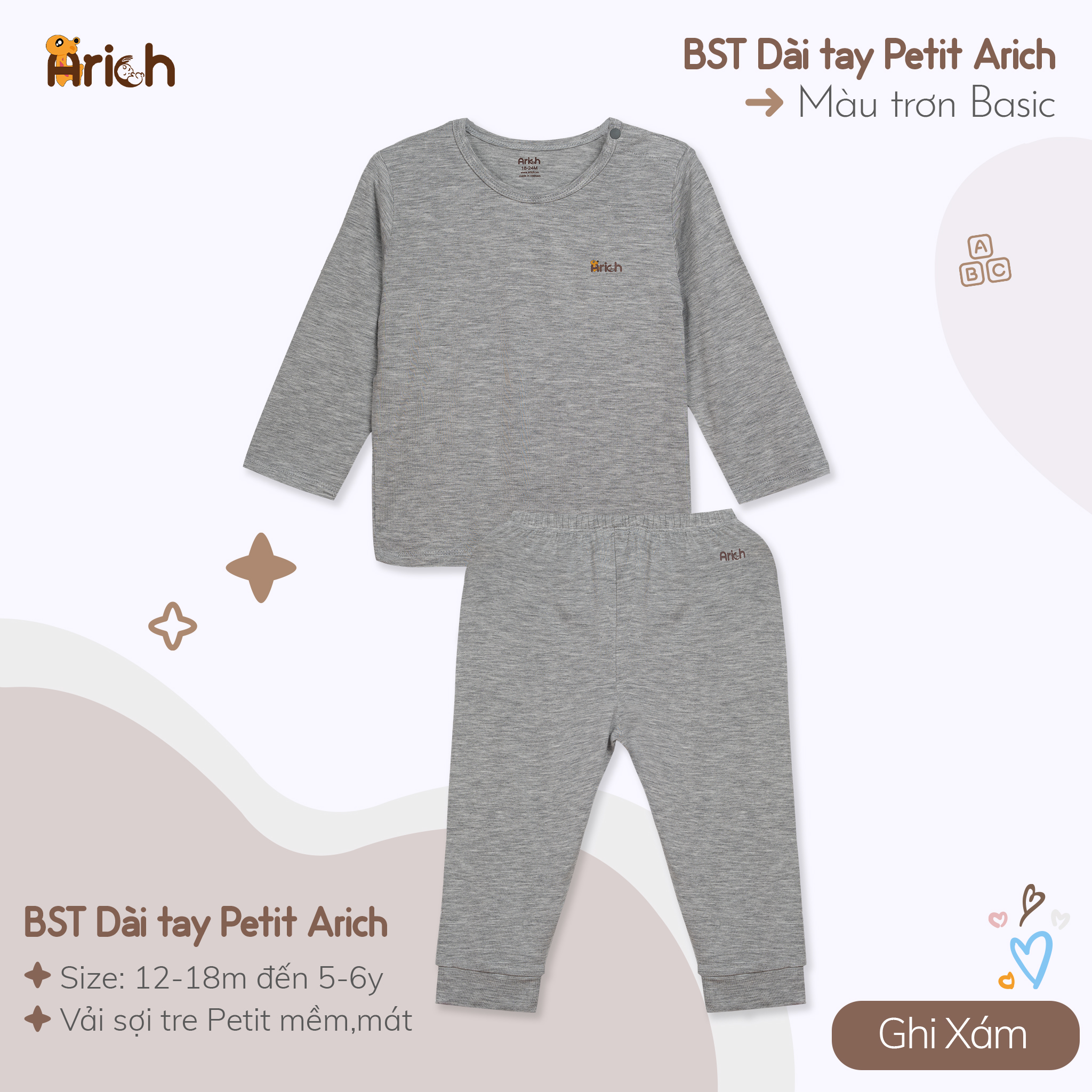 Bộ dài tay cài vai Arich vải sợi tre mềm mát,màu trơn cho bé trai, bé