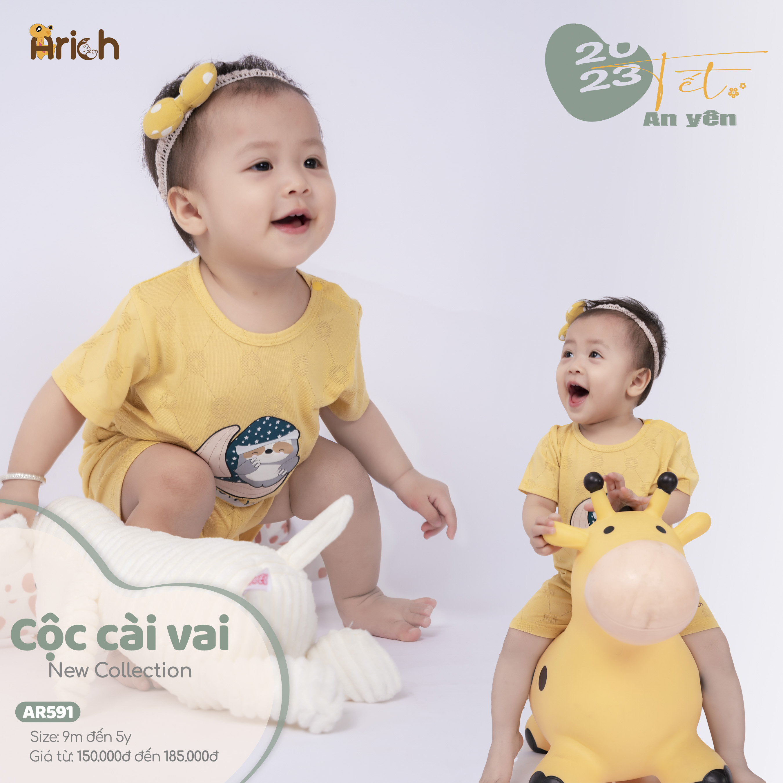 Bộ cộc tay cài vai Arich vải sợi tre thông hơi, an toàn, mềm mát cho b
