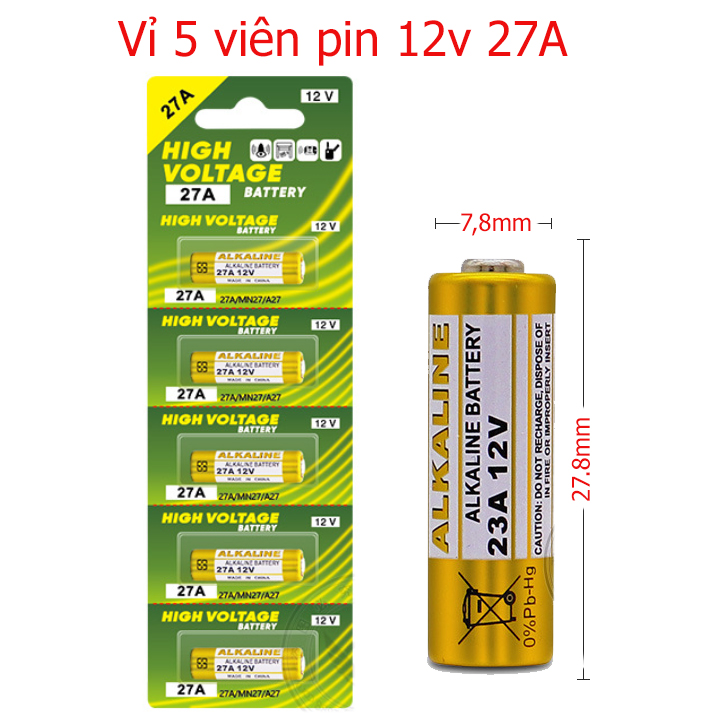 Bộ 1 vỉ 5 viên pin ALKALINE 23A 27A 12V Pin điện áp cao cho Chìa khóa điện, điều khiển cửa cuốn ...