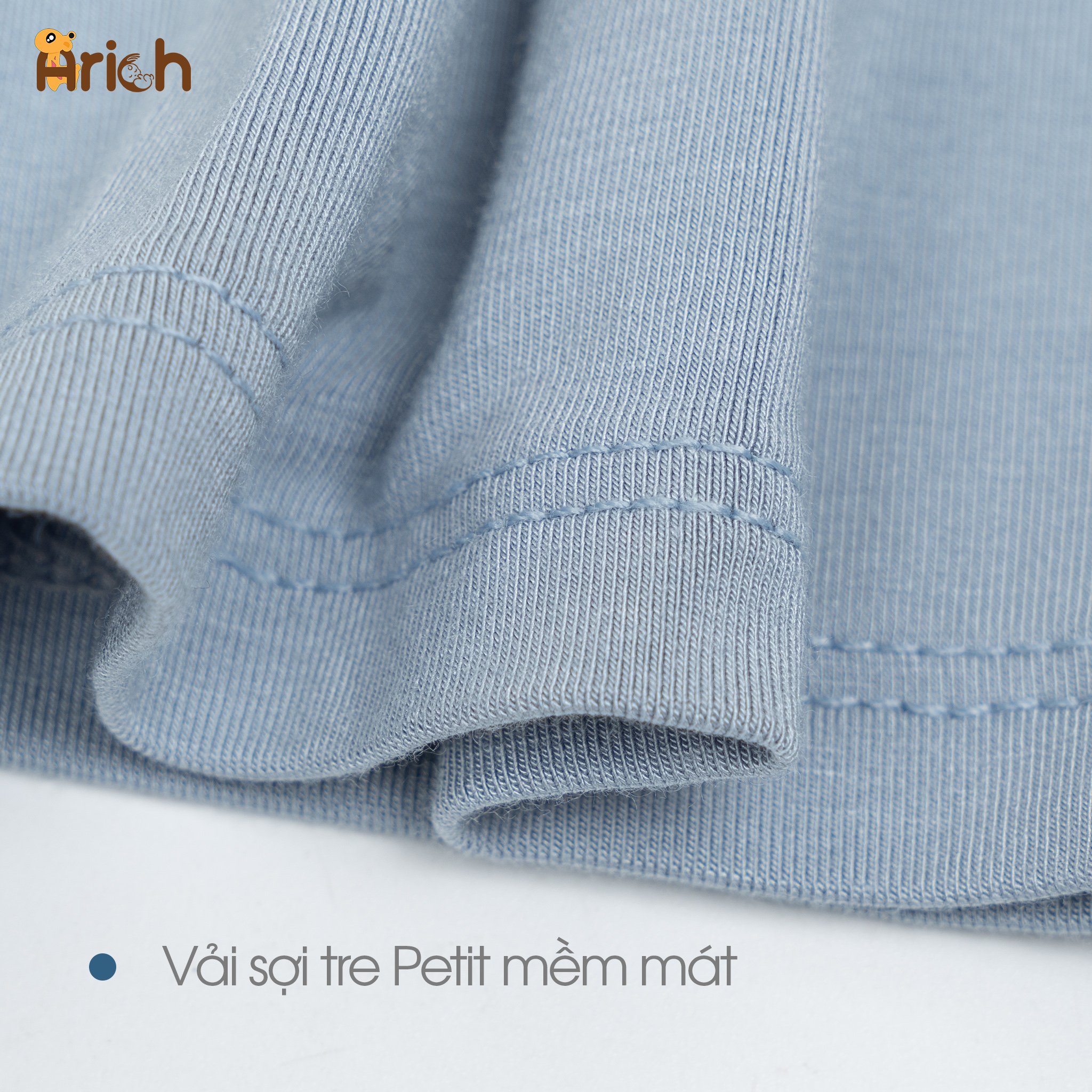 Bộ cộc tay cài vai màu trơn Arich vải sợi tre an toàn, mềm mát bé trai