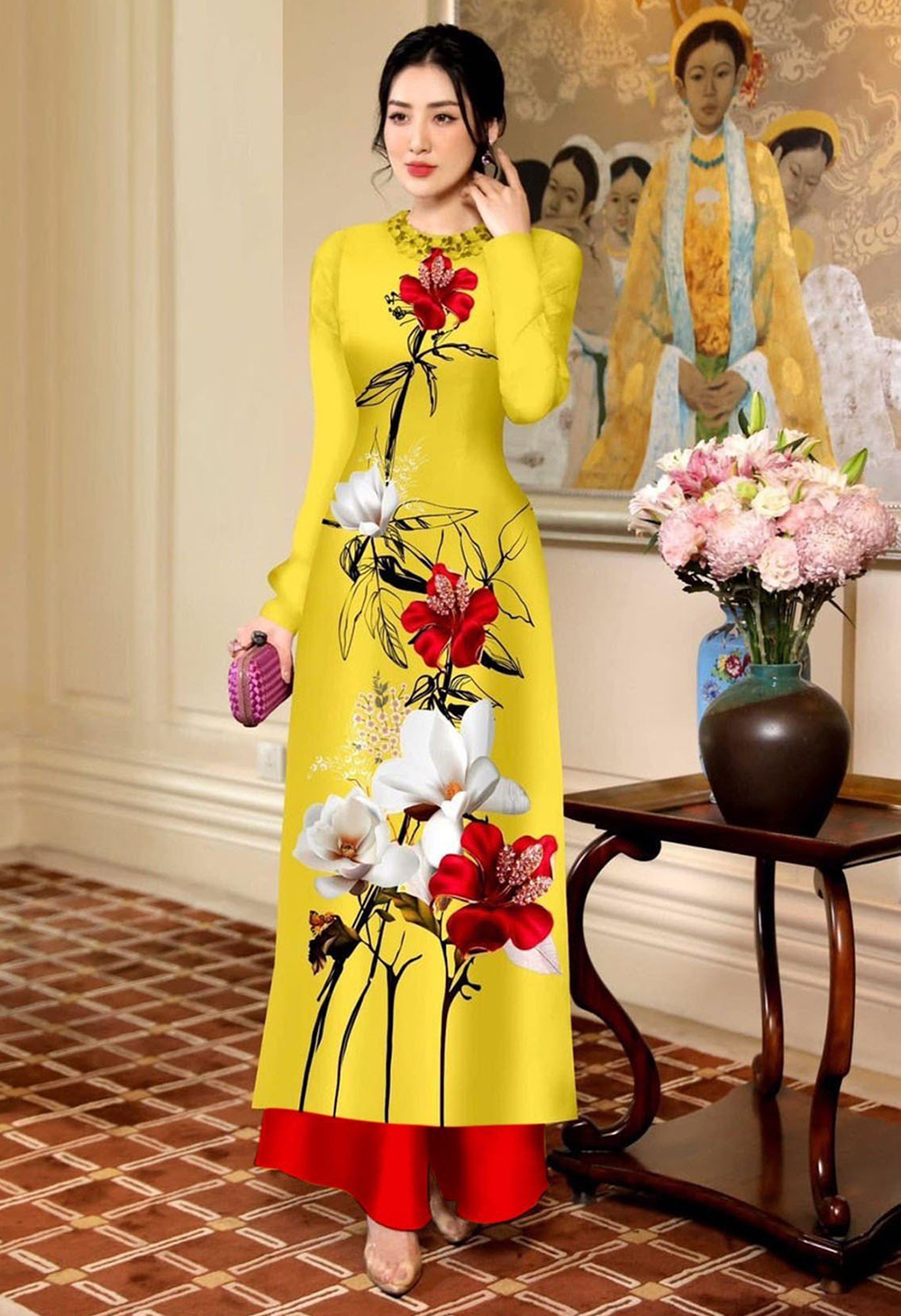 (HCM) Áo dài in 3D họa tiết hoa lan cao cấp D030 - Khánh Linh style ...