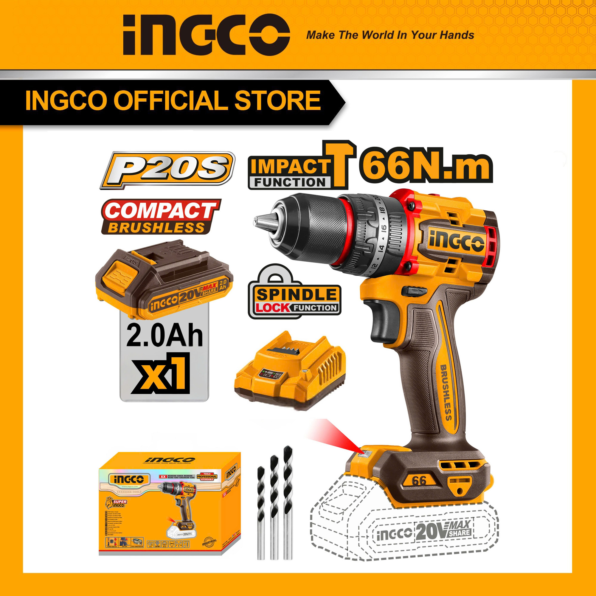 Máy khoan búa pin Ingco 3 chức năng không chổi than CIDLI206681VN 66NM kèm 1 pin 2Ah 20V và 1 ...