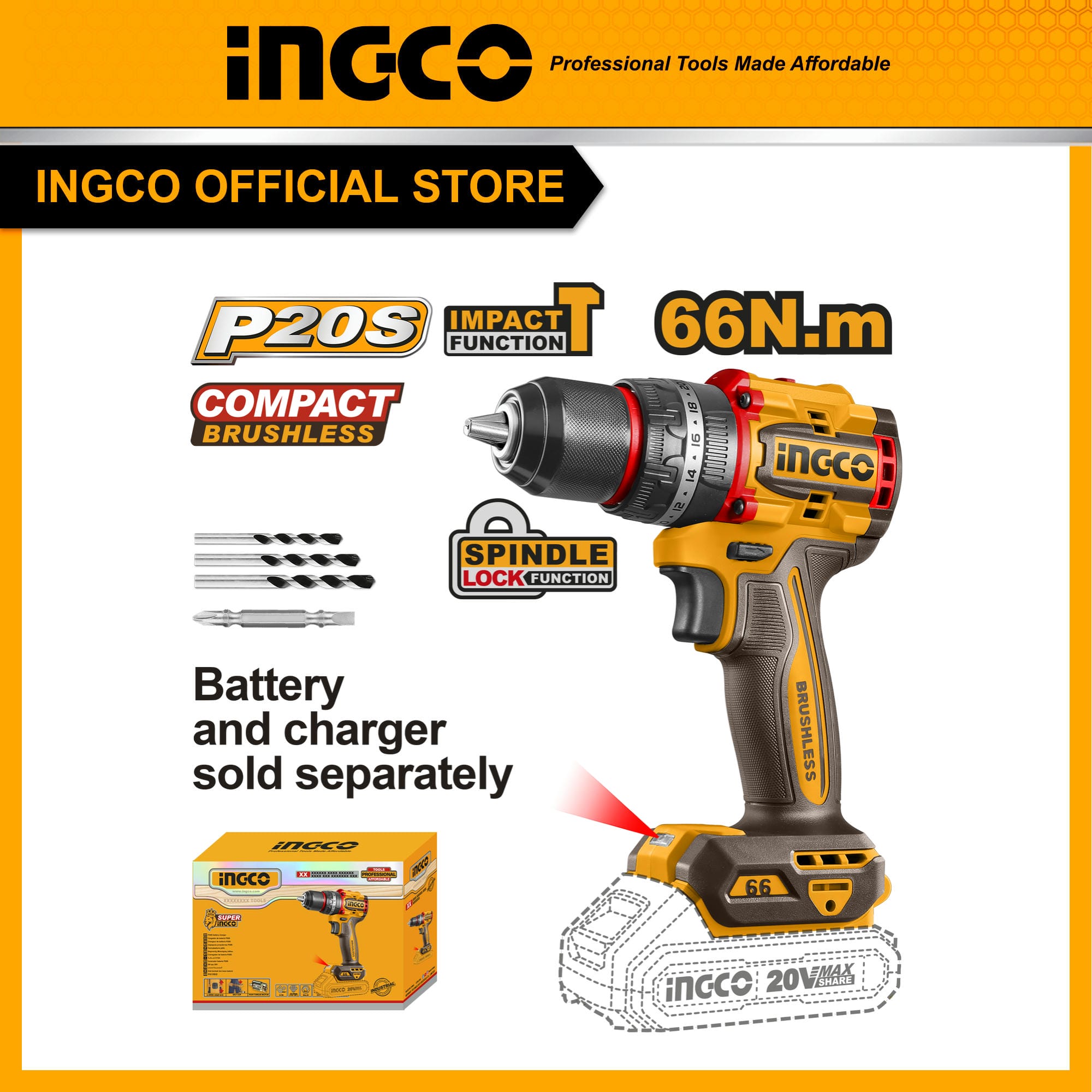 Máy khoan búa pin 20V INGCO CIDLI206681 ba chức năng có búa motor không chổi than, lực siết 66Nm ...