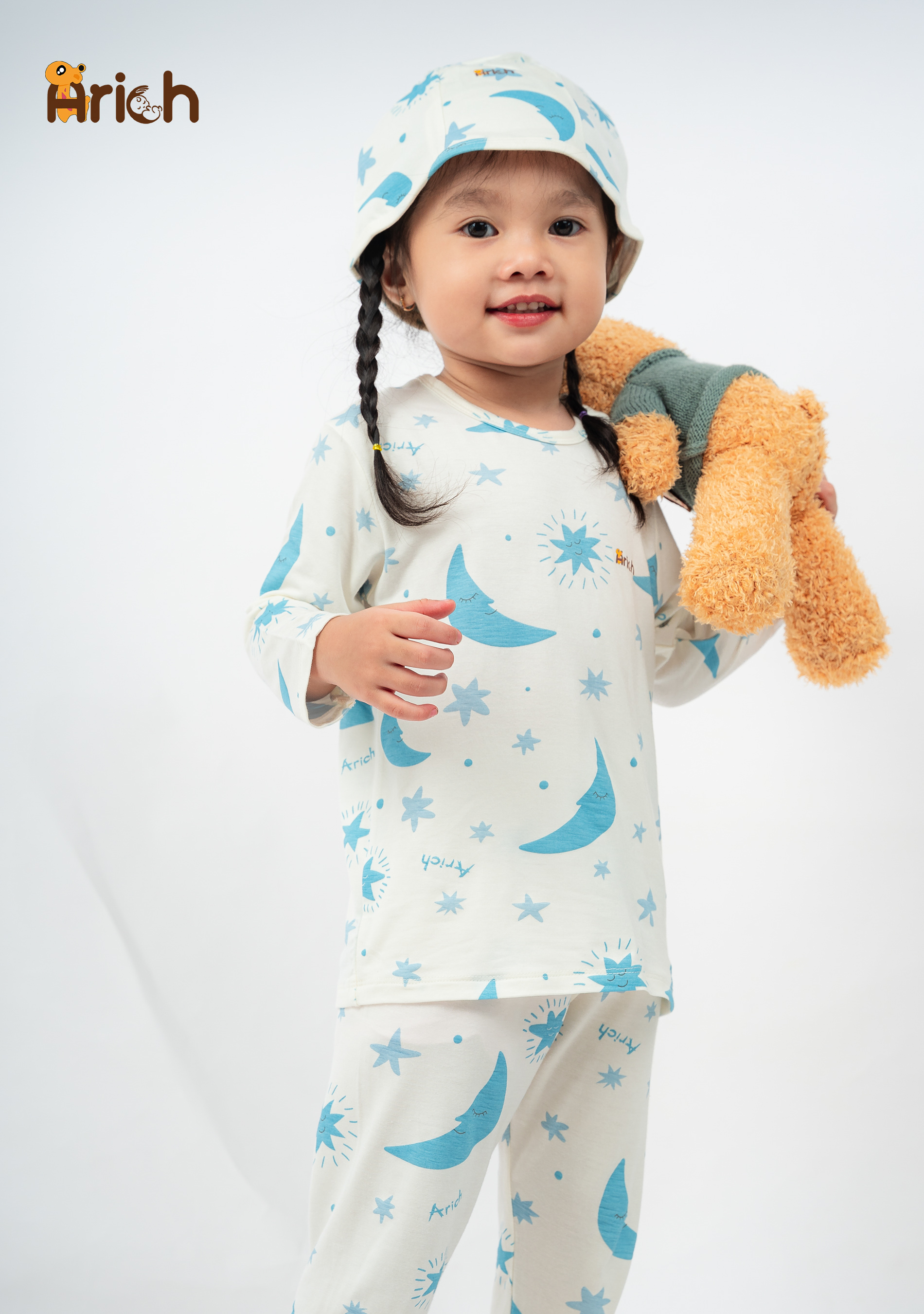 Bộ dài tay cài vai Arich vải sợi tre Petit mềm mát phối Hoạ tiết cho b