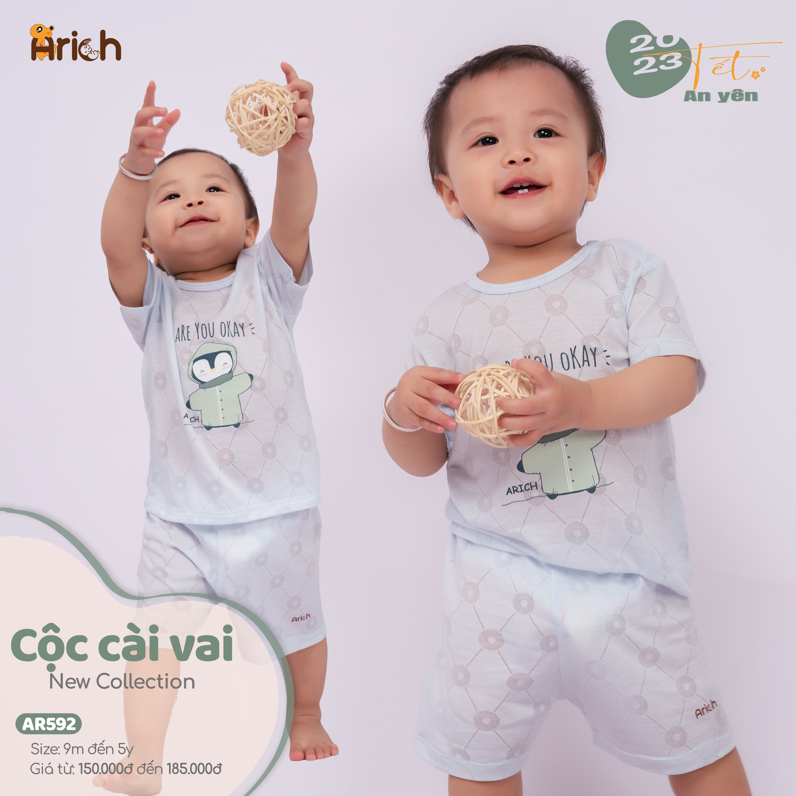 Bộ cộc tay cài vai Arich vải sợi tre thông hơi, an toàn, mềm mát cho b