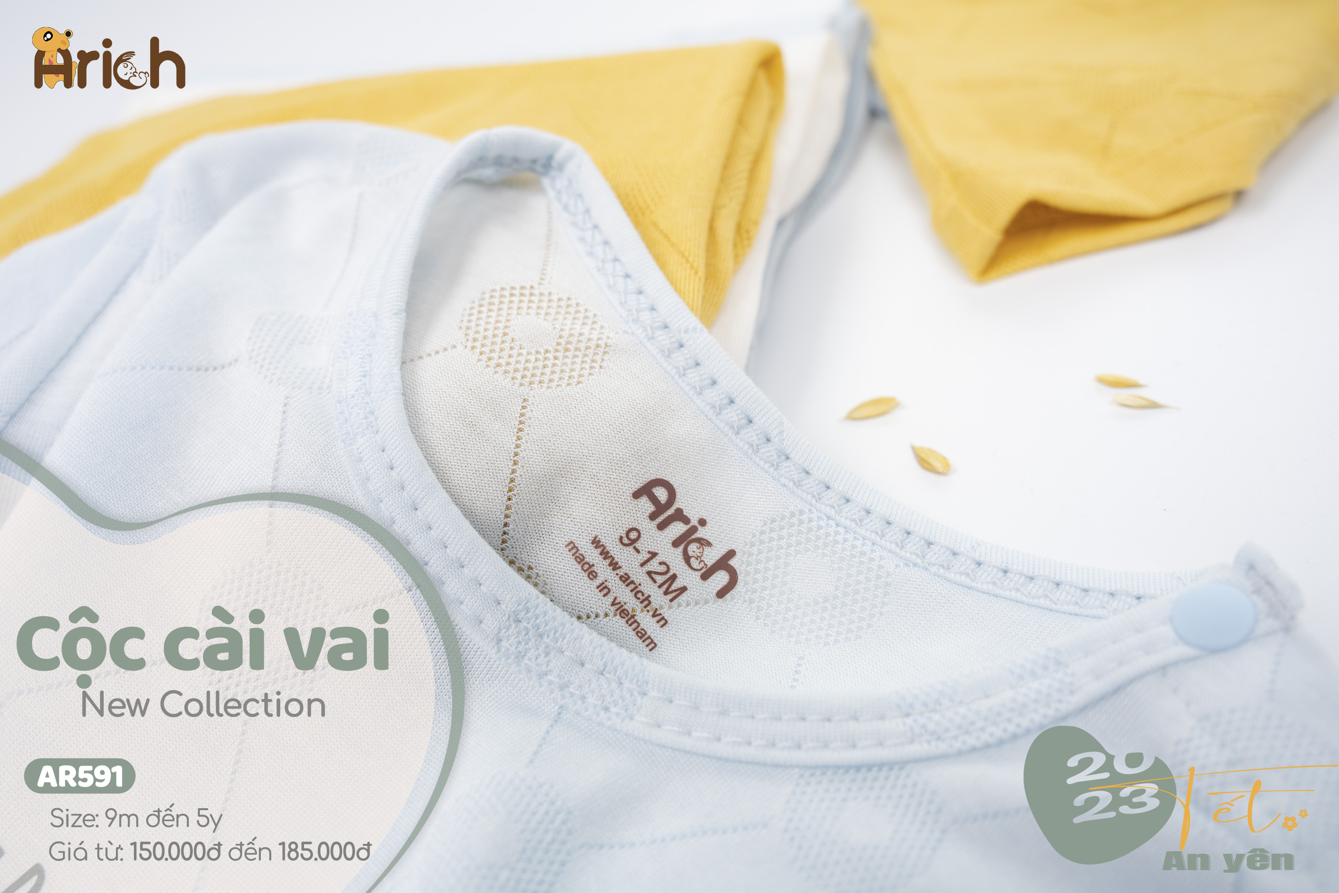 Bộ cộc tay cài vai Arich vải sợi tre thông hơi, an toàn, mềm mát cho b