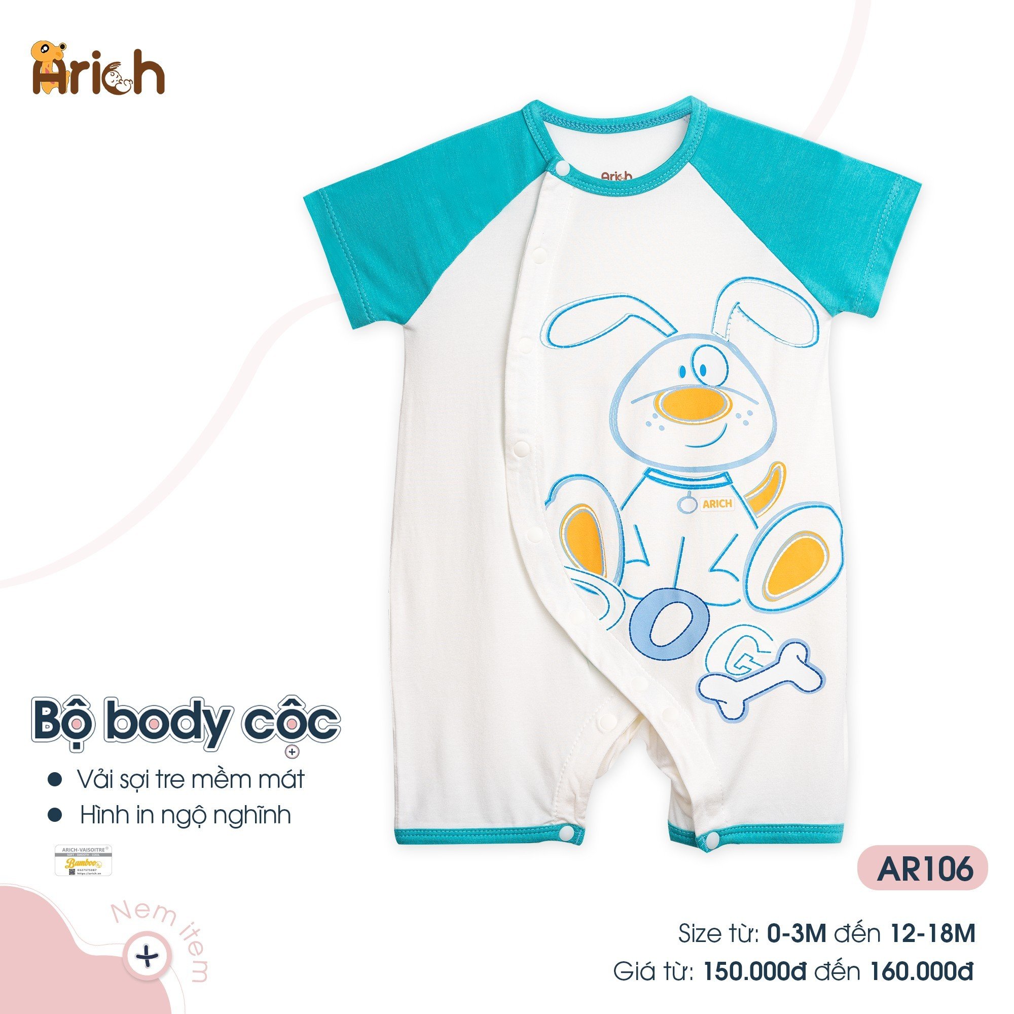 Body cộc cài lệch Arich phối hình in đáng yêu vải sợi tre mềm mát, bộ